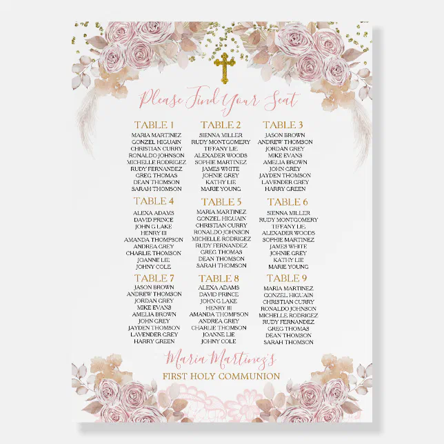 Pink and gold Girl Holy Communion Seating Chart Foam Board | Zazzle