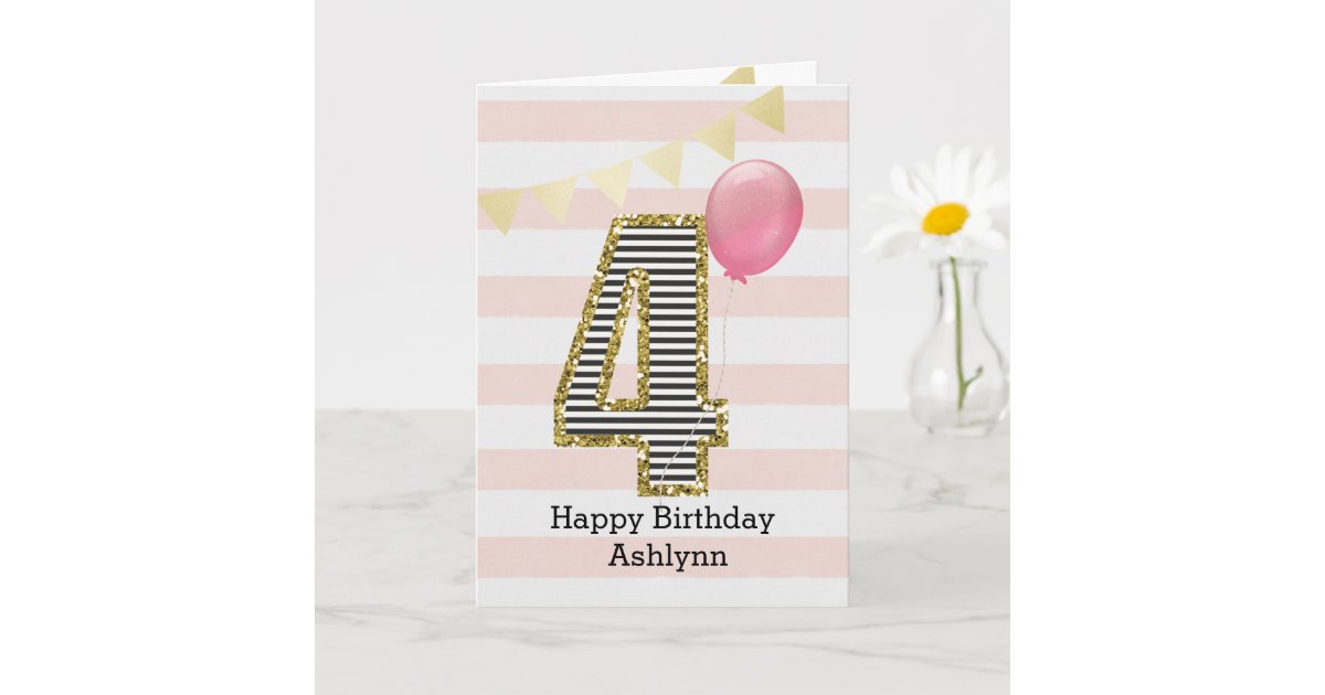 Pink and Gold Glitter 4th Birthday Card | Zazzle