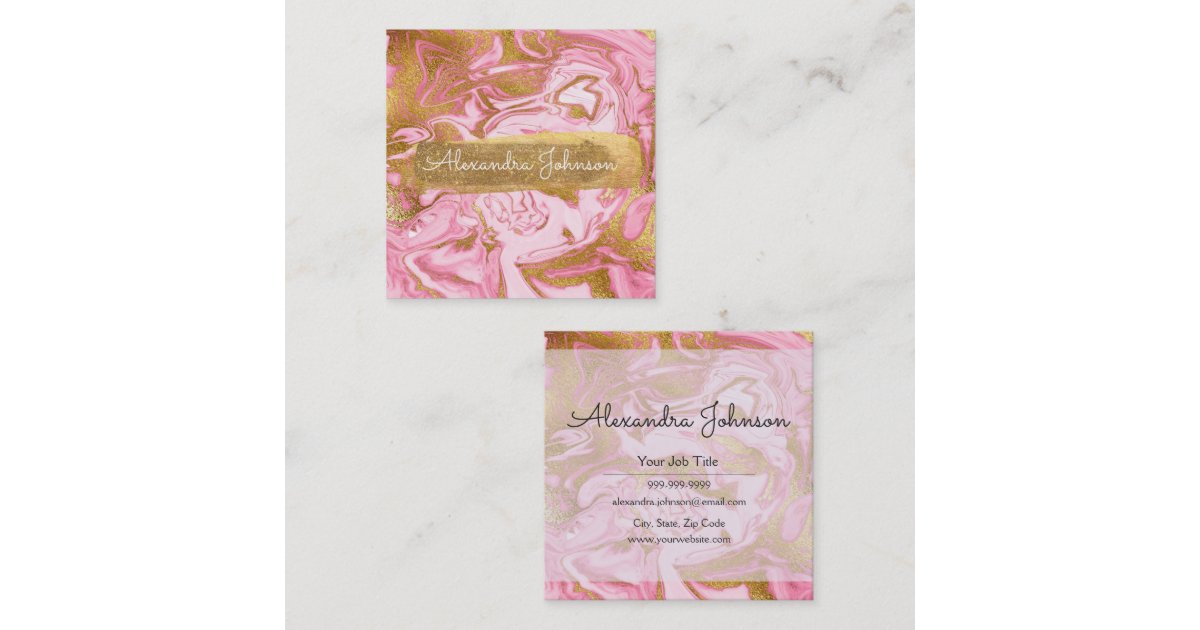 Pink and Gold Glitter and Sparkle Marble Square Business Card | Zazzle