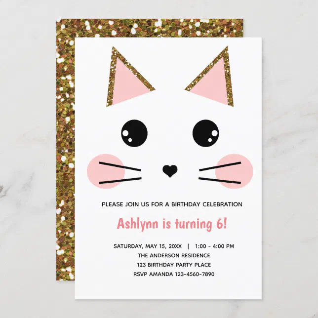 Pink and Gold Glitter Cat Birthday Invitation | Zazzle