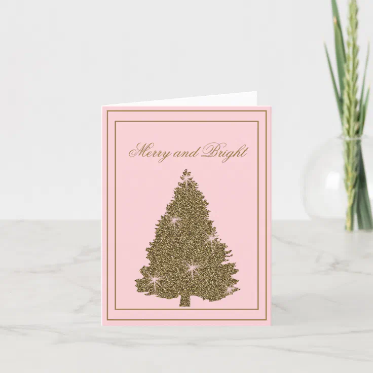 Pink and Gold Glitter Christmas Tree Holiday Card | Zazzle