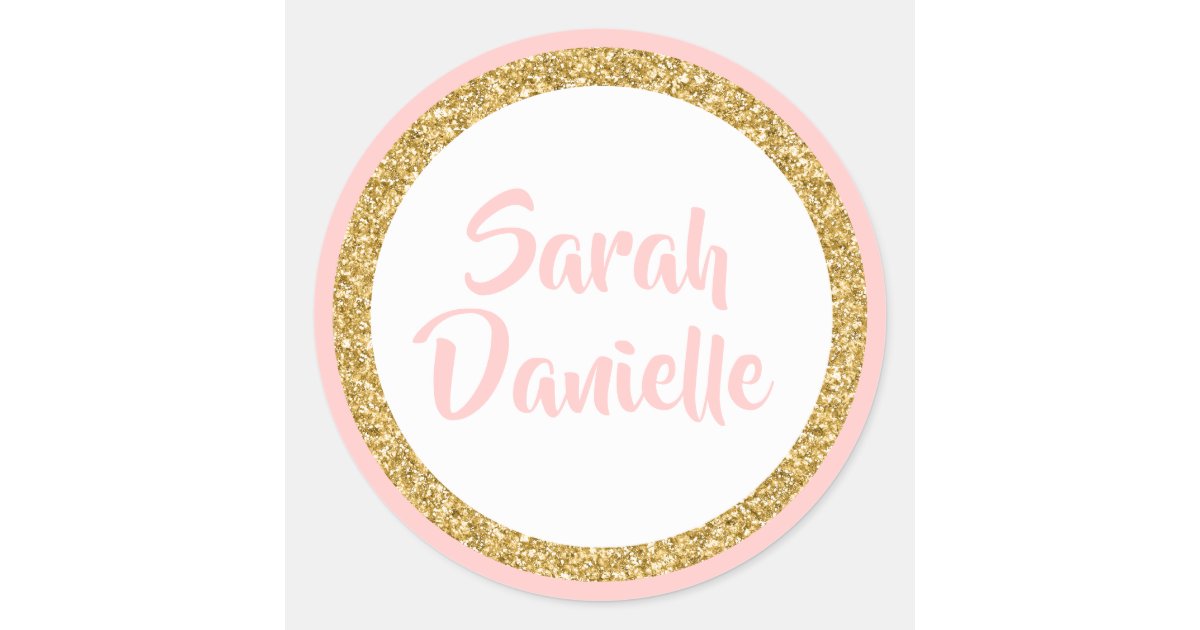 Pink and Gold Glitter Favor Sticker | Zazzle