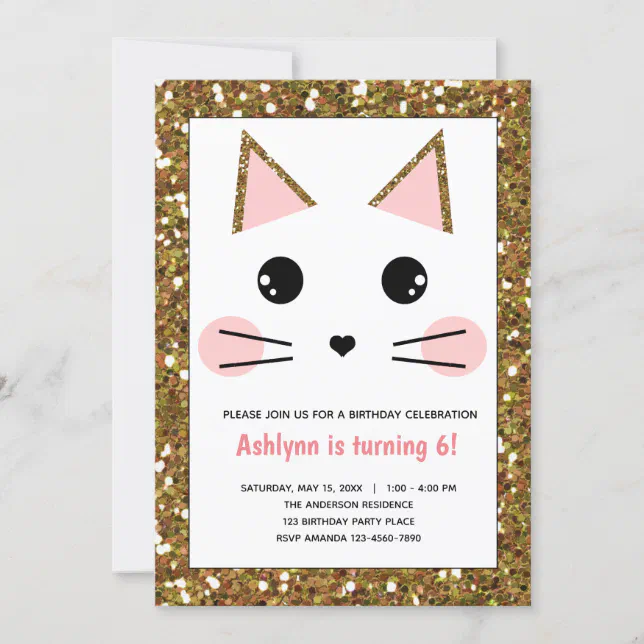 Pink and Gold Glitter Kitty Cat Birthday Invitation | Zazzle