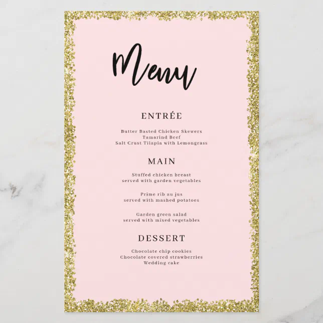 Pink and Gold Glitter Menu | Zazzle
