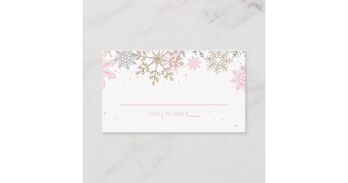 Pink and Gold Glitter Snowflake Place Cards | Zazzle