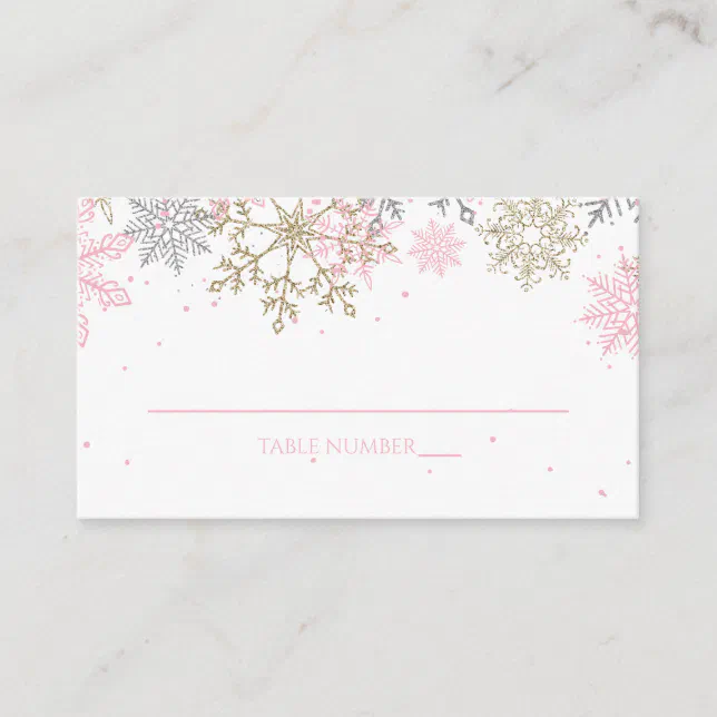 Pink and Gold Glitter Snowflake Place Cards | Zazzle