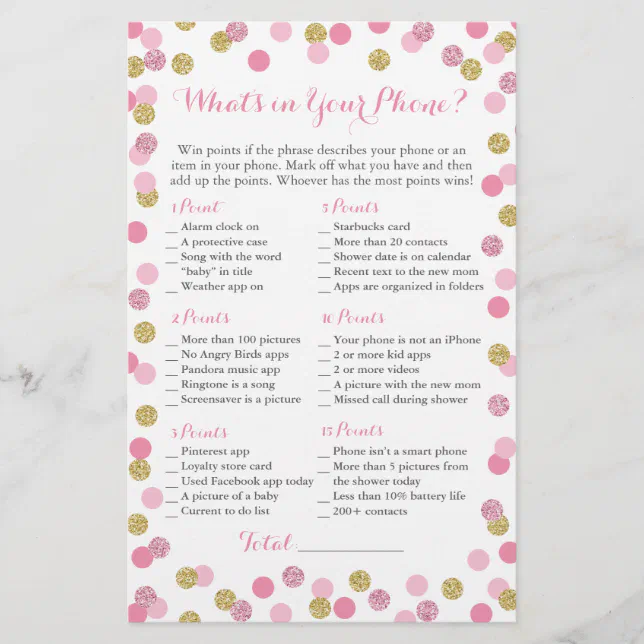 Pink and Gold Glitter What's in Your Phone Game | Zazzle