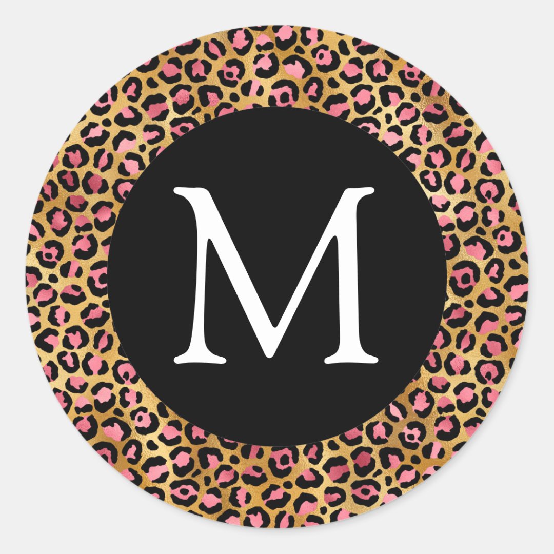 Pink and Gold Leopard Print Monogram Classic Round Sticker | Zazzle