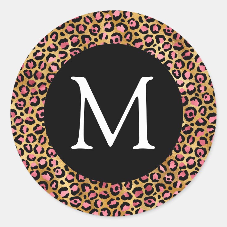 Pink and Gold Leopard Print Monogram Classic Round Sticker | Zazzle