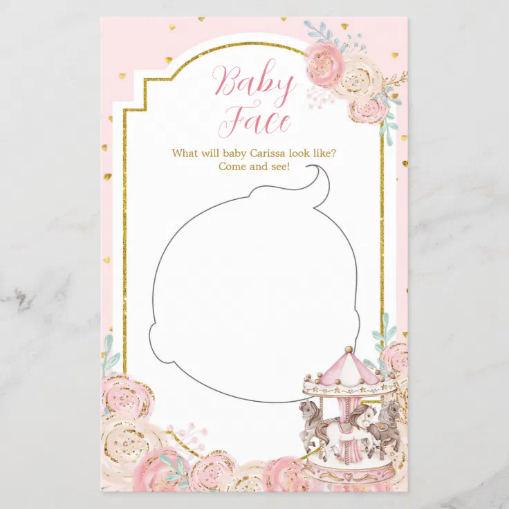 Pink and Gold Magical Carousel Baby Face Card | Zazzle