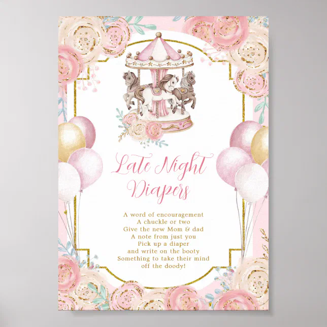 Pink and Gold Magical Carousel Late Night Diaper Poster | Zazzle