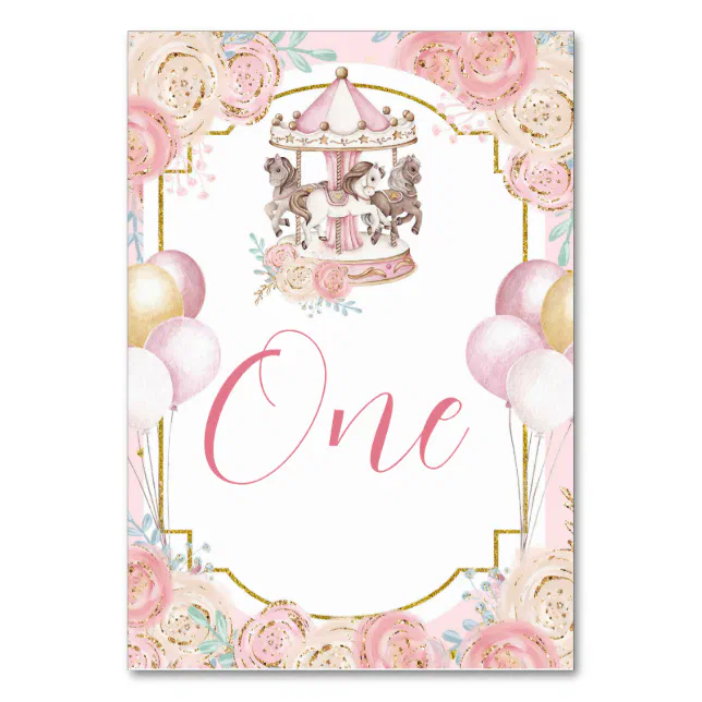 Pink and Gold Magical Carousel Table Number | Zazzle