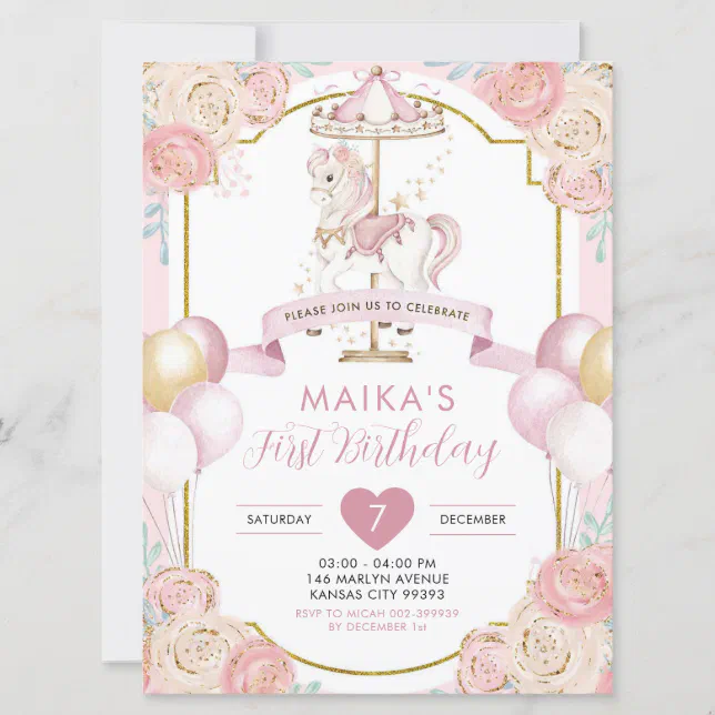 Pink and Gold Magical Girl Carousel Birthday Invitation | Zazzle