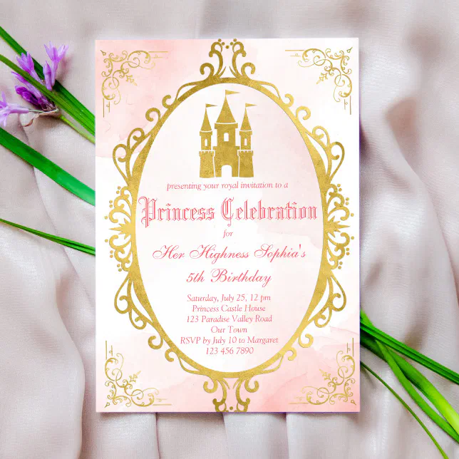 Pink and gold ornate frame princess birthday invitation | Zazzle