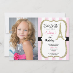 Pink and gold Paris Eiffel tower birthday photo Invitation | Zazzle