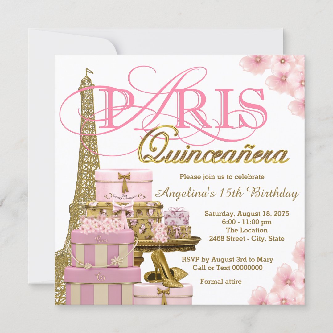 Pink and Gold Paris Quinceanera Invitation | Zazzle