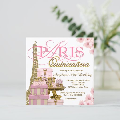 Pink and Gold Paris Quinceanera Invitation | Zazzle