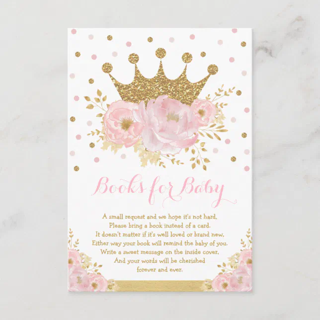 Pink and Gold Royal Crown Princess Books for Baby Enclosure Card | Zazzle