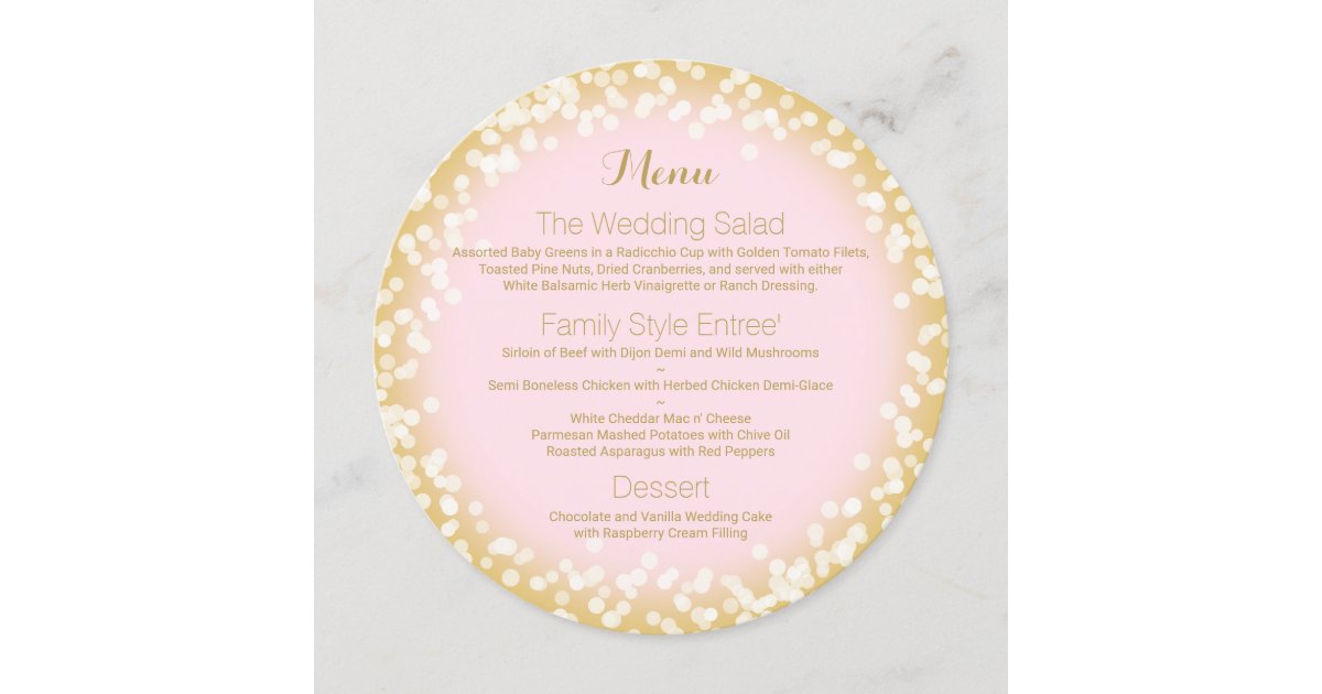 Pink and Gold Sparkle Round Menu | Zazzle