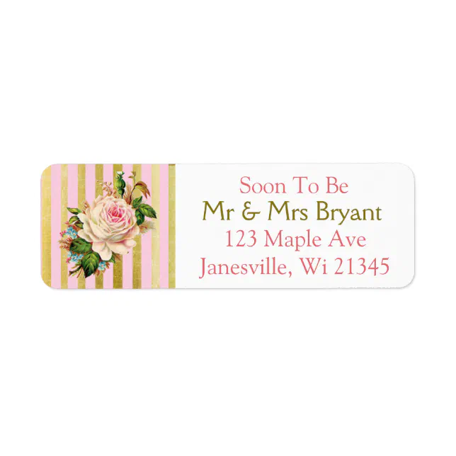 Pink and Gold Striped Rose Return Address Label | Zazzle