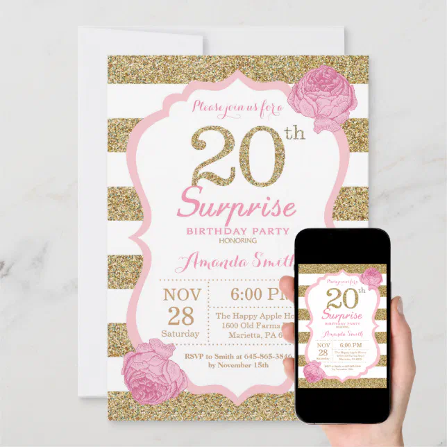 Pink and Gold Surprise 20th Birthday Invitation | Zazzle