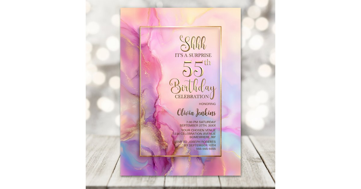 Pink and Gold Surprise 55th Birthday Party Invitation | Zazzle