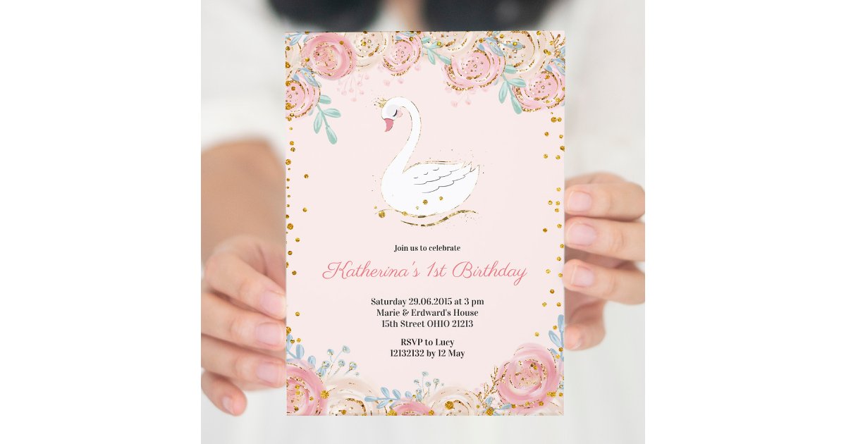 Pink and Gold Swan Birthday Invitation | Zazzle