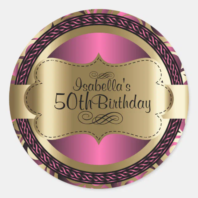 Pink and Gold Swirl Abstract Birthday Classic Round Sticker | Zazzle
