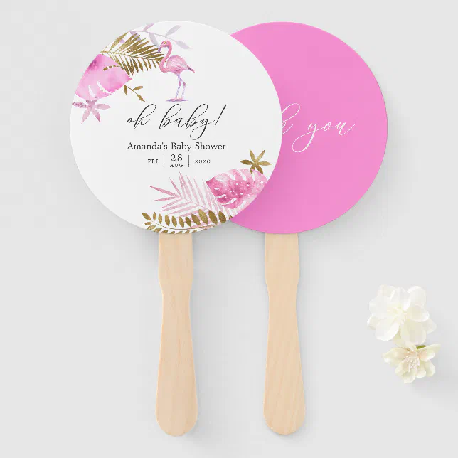 Pink and Gold Tropical Flamingo Girl Baby Shower Hand Fan | Zazzle