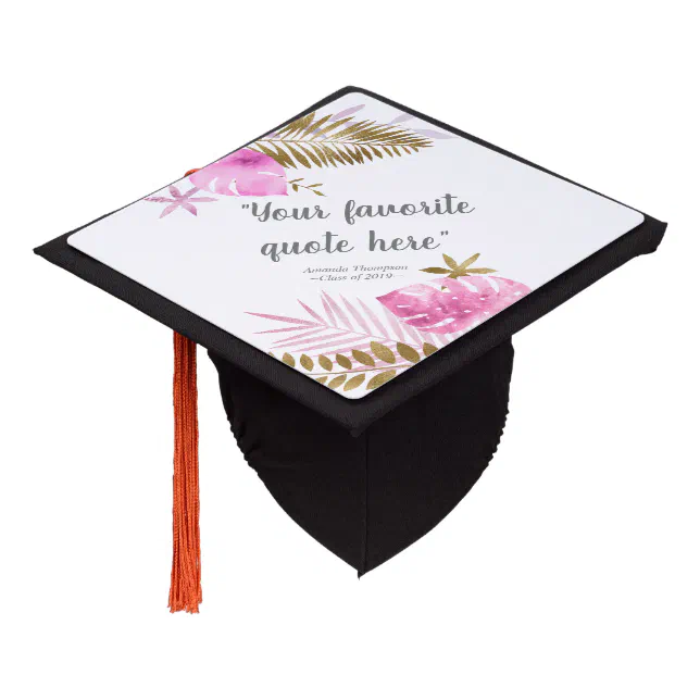 Pink and Gold Tropical Leaves personalized Graduation Cap Topper | Zazzle