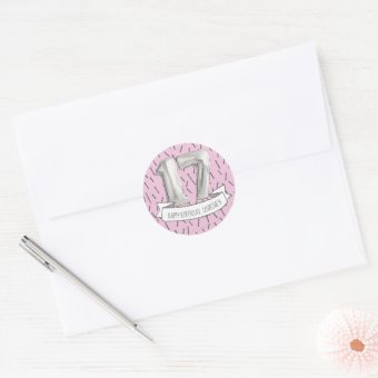 Pink and Gray Balloon Girls 17th Birthday Party Classic Round Sticker ...