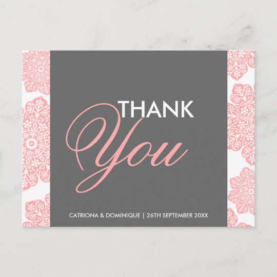 Pink and Gray Batik Flowers Thank You Postcard | Zazzle.com