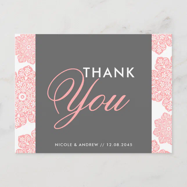 Pink and Gray Batik Flowers Thank You Postcard | Zazzle