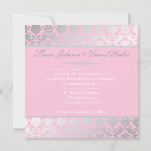 Pink and Gray Damask Wedding Invitation | Zazzle