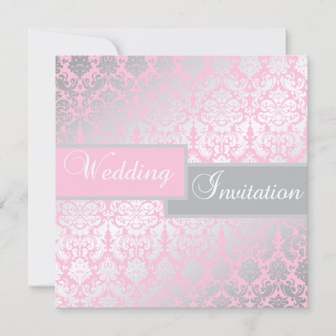 Pink and Gray Damask Wedding Invitation | Zazzle