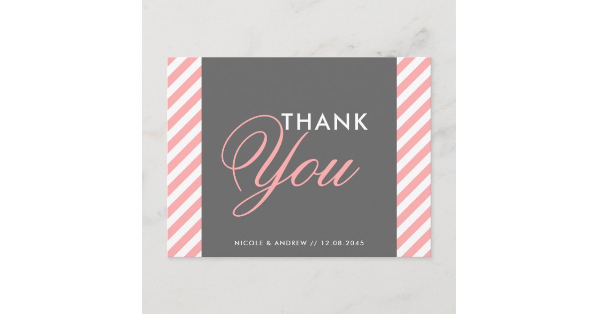 Pink and Gray Diagonal Stripes Thank You Post Card | Zazzle