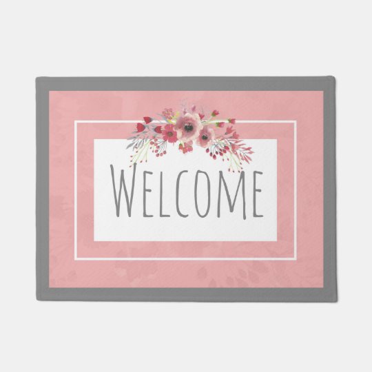 Pink and Gray Floral Welcome Doormat | Zazzle.com
