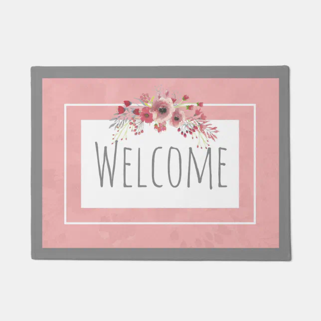 Pink and Gray Floral Welcome Doormat | Zazzle