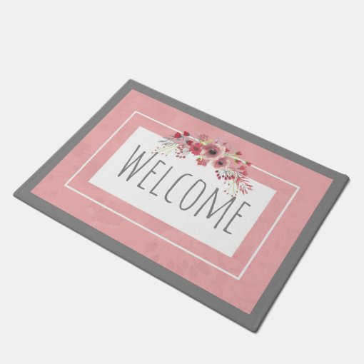 Pink and Gray Floral Welcome Doormat | Zazzle