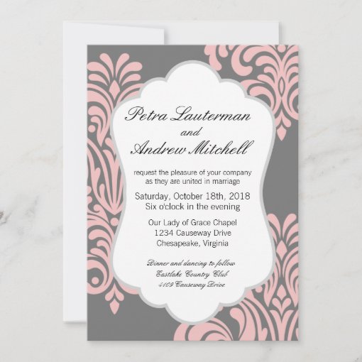 Pink and Gray Modern Damask Invitation | Zazzle