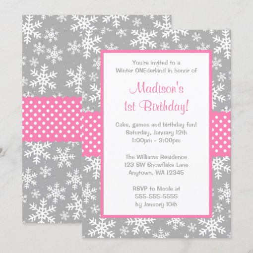 Pink and Gray Snowflakes Winter Onederland Invitation | Zazzle