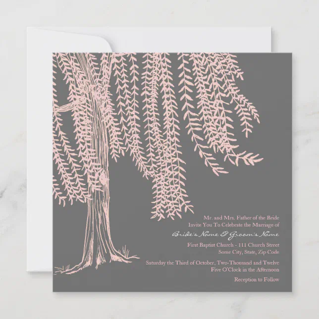 Pink and Gray Willow Tree Wedding Invitation | Zazzle