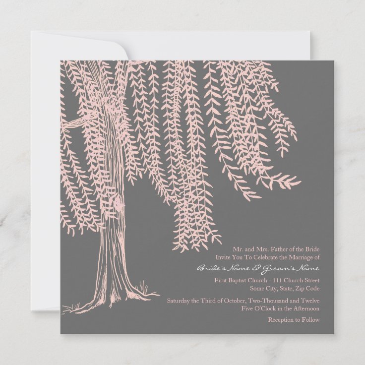 Pink and Gray Willow Tree Wedding Invitation | Zazzle