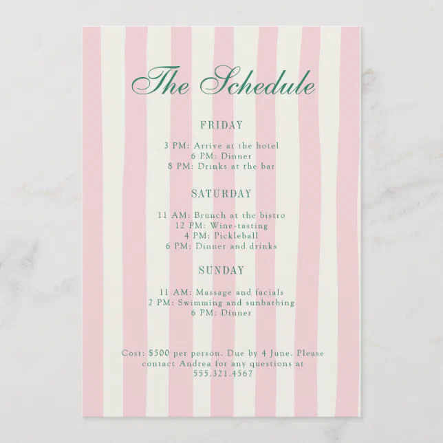 Pink and Green Bachelorette Weekend Itinerary Program | Zazzle