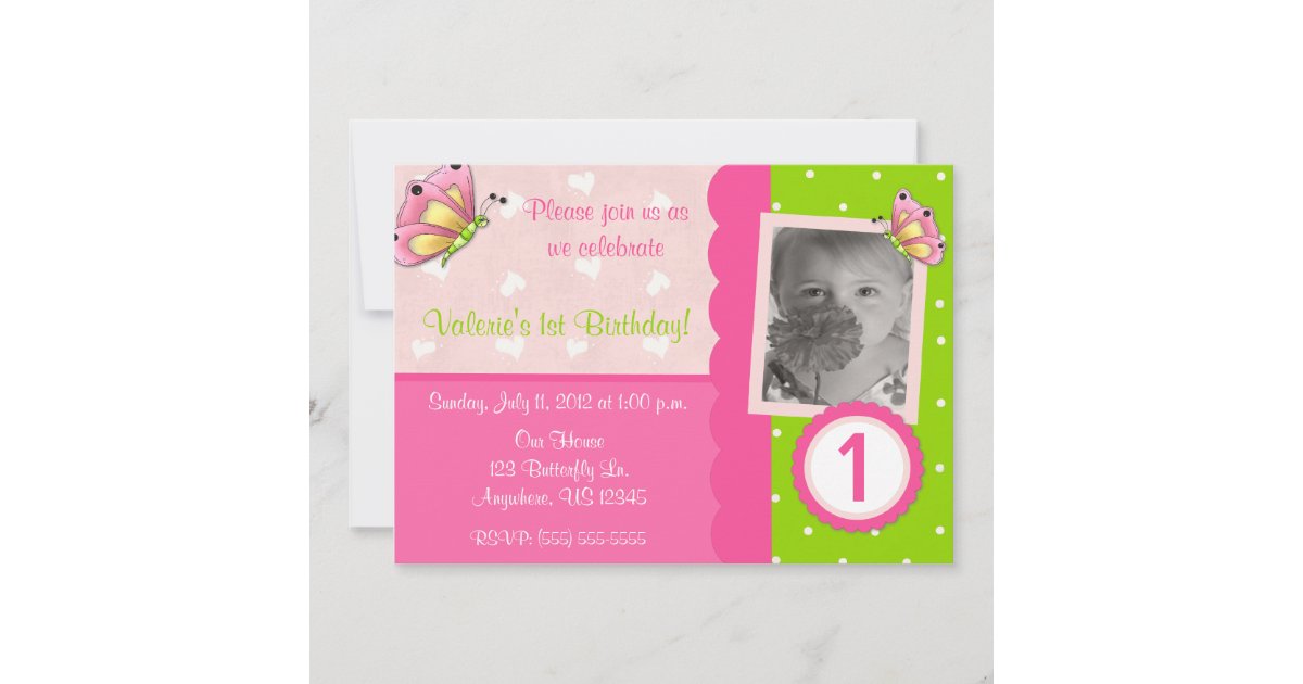Pink and Green Butterfly Girls Birthday Invitation | Zazzle