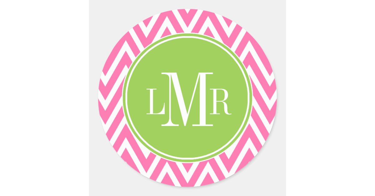 Pink and Green Chevrons Monogram Classic Round Sticker | Zazzle