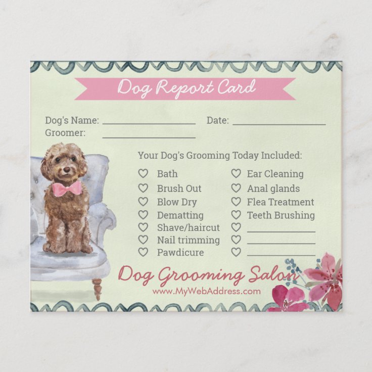 Pink and Green Floral Dog Grooming Report Card Flyer | Zazzle