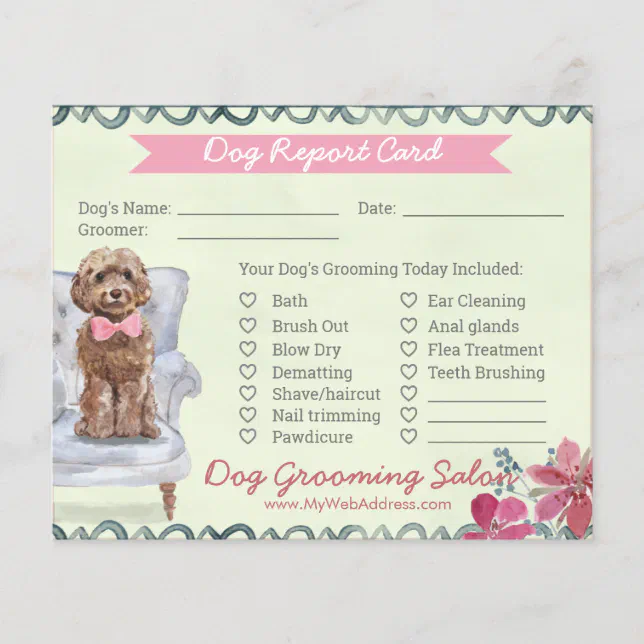 Pink and Green Floral Dog Grooming Report Card Flyer | Zazzle