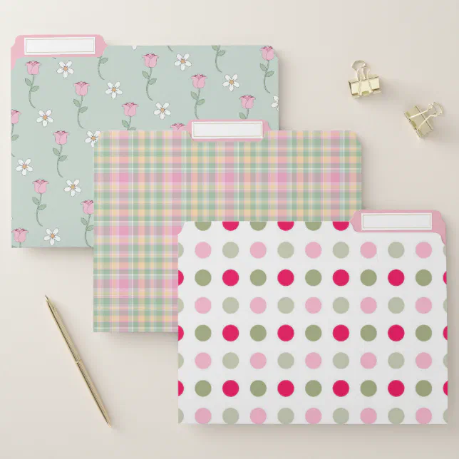 Pink and Green Girly Patterns File Folder Set | Zazzle