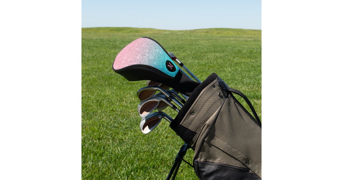 Pink and green glitter texture gradient monogram golf head cover | Zazzle